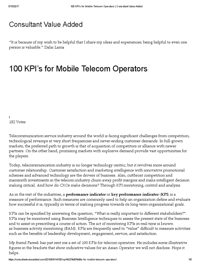 100 KPIs for Mobile Telecom Operators | PDF | Prepaid Mobile Phone ...