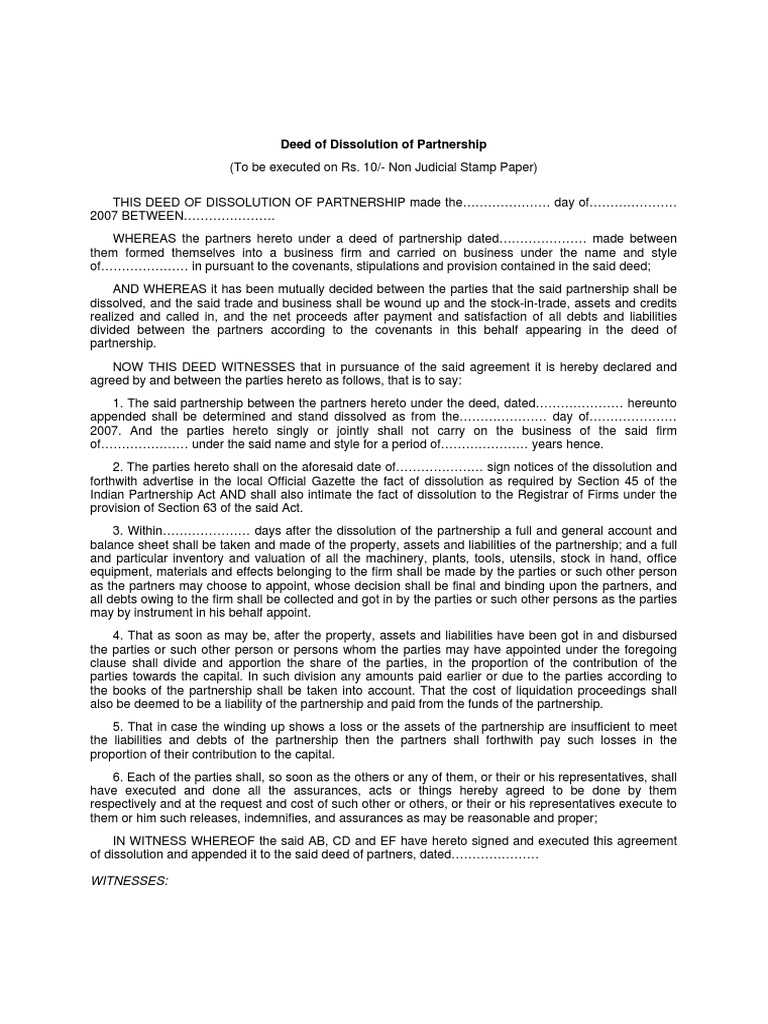 Partnership Dissolution Deed Template | PDF | Partnership | Liquidation