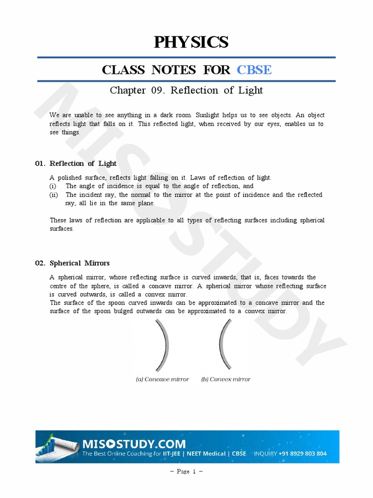 Reflection of Light Class 10, Physics CBSE Class Note | PDF | Lens ...