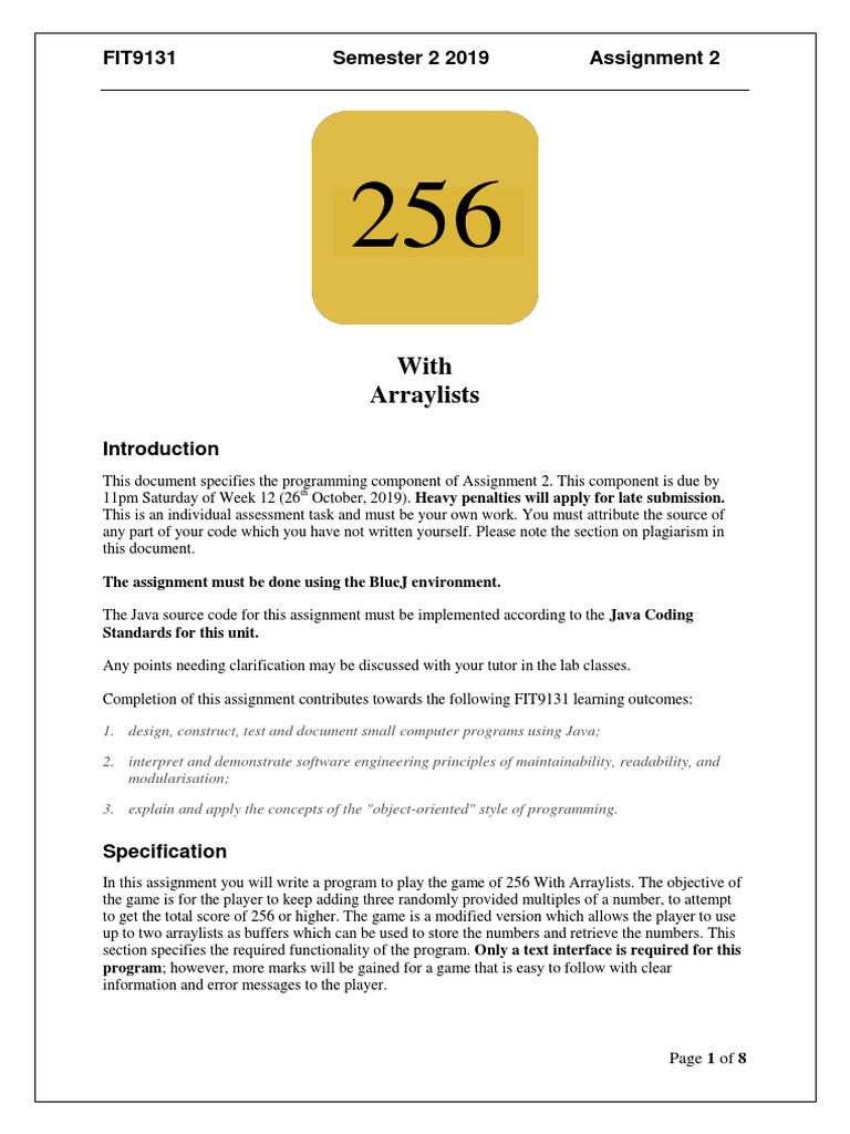 With Arraylists Fit9131 Semester 2 2019 Assignment 2 Pdf Java Programming Language