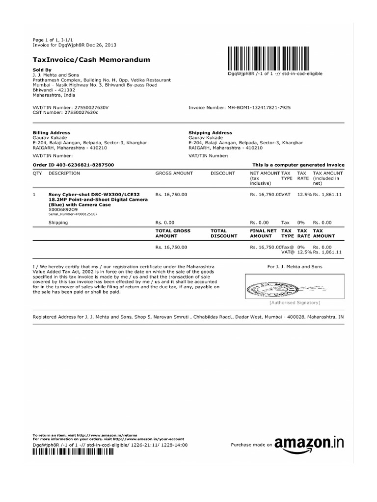 Sony Camera Invoice | PDF