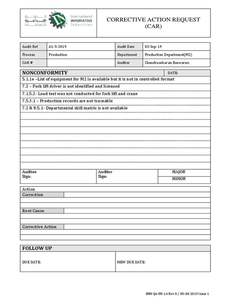 Nonconformity: Corrective Action Request (CAR) | PDF