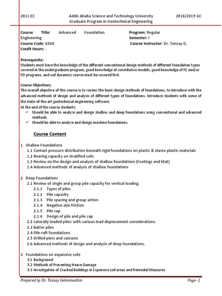 Advanced Foundation Engineering Course Outline AASTU | Download Free ...