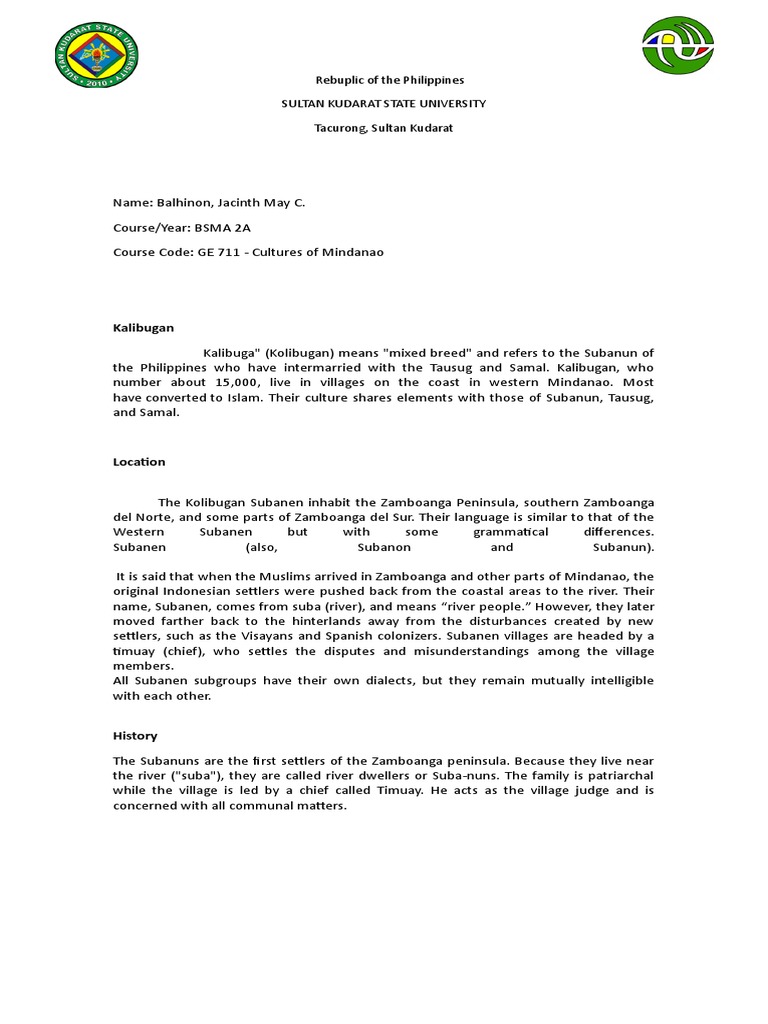 Kalibugan: Rebuplic of The Philippines Sultan Kudarat State University ...