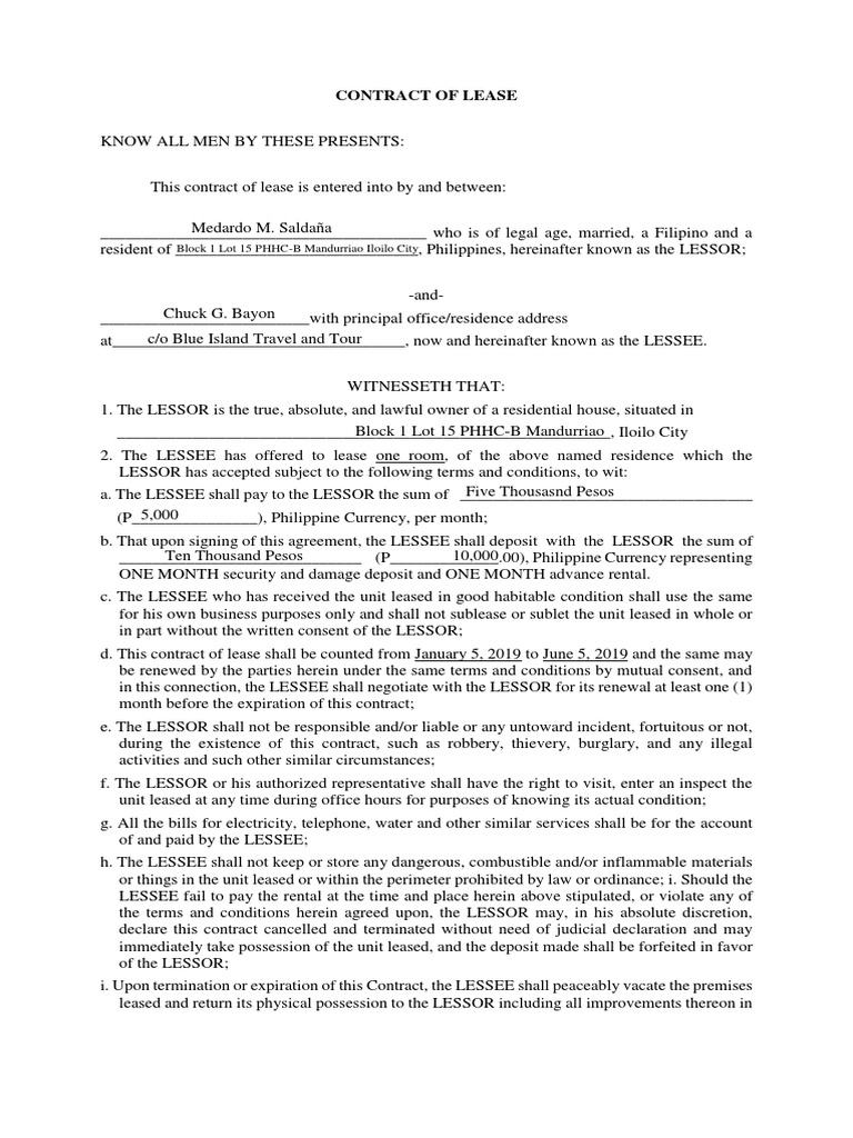 Contract of Lease: Block 1 Lot 15 PHHC-B Mandurriao Iloilo City | PDF ...