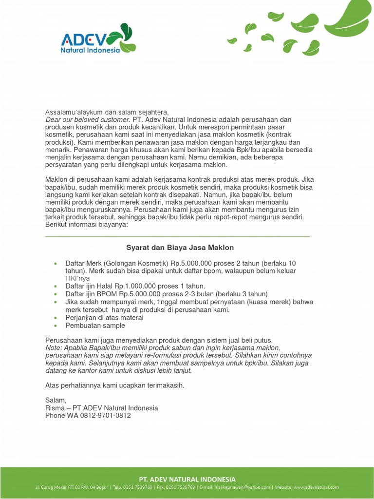 Persyaratan dan Biaya Jasa Maklon Kosmetik dari PT Adev Natural Indonesia | PDF