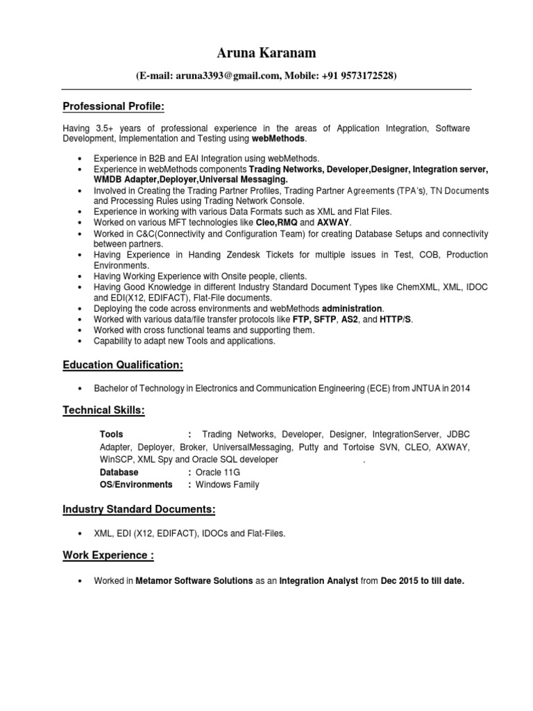 Aruna - Webmethods - Resume - 3.5+ Yrs - Exp | PDF | Electronic Data Interchange | File Transfer ...