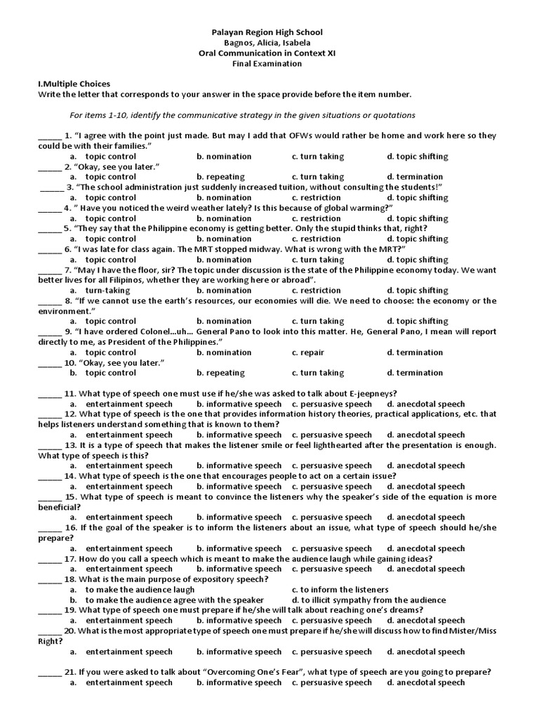 Oral Communication Final Exam Guide | PDF | Public Speaking | Communication