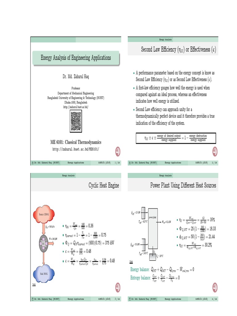 Exergy Analysis of Engineering Applications Second Law Efficiency (η ...