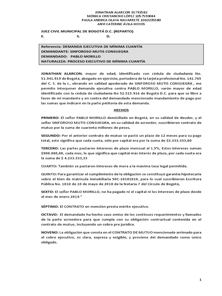 Ejecutivo Contrato de Mutuo | PDF | Bogotá | Bancos