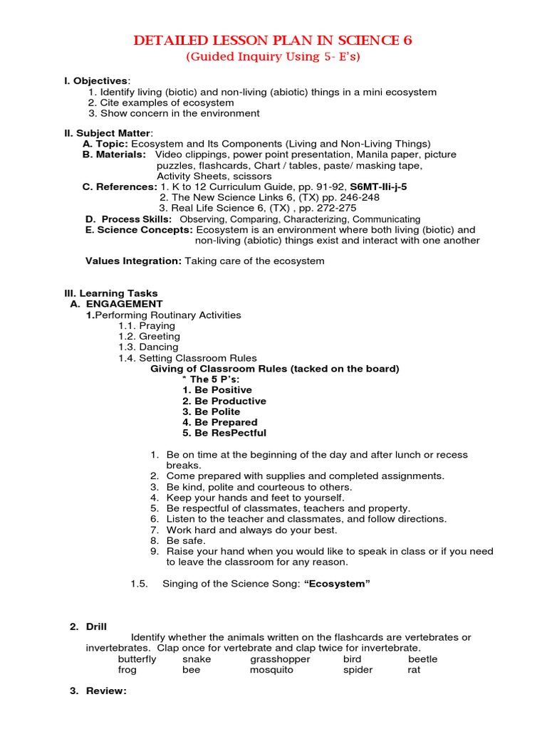 Detailed Lesson Plan in Science 6: (Guided Inquiry Using 5-E's) | PDF ...
