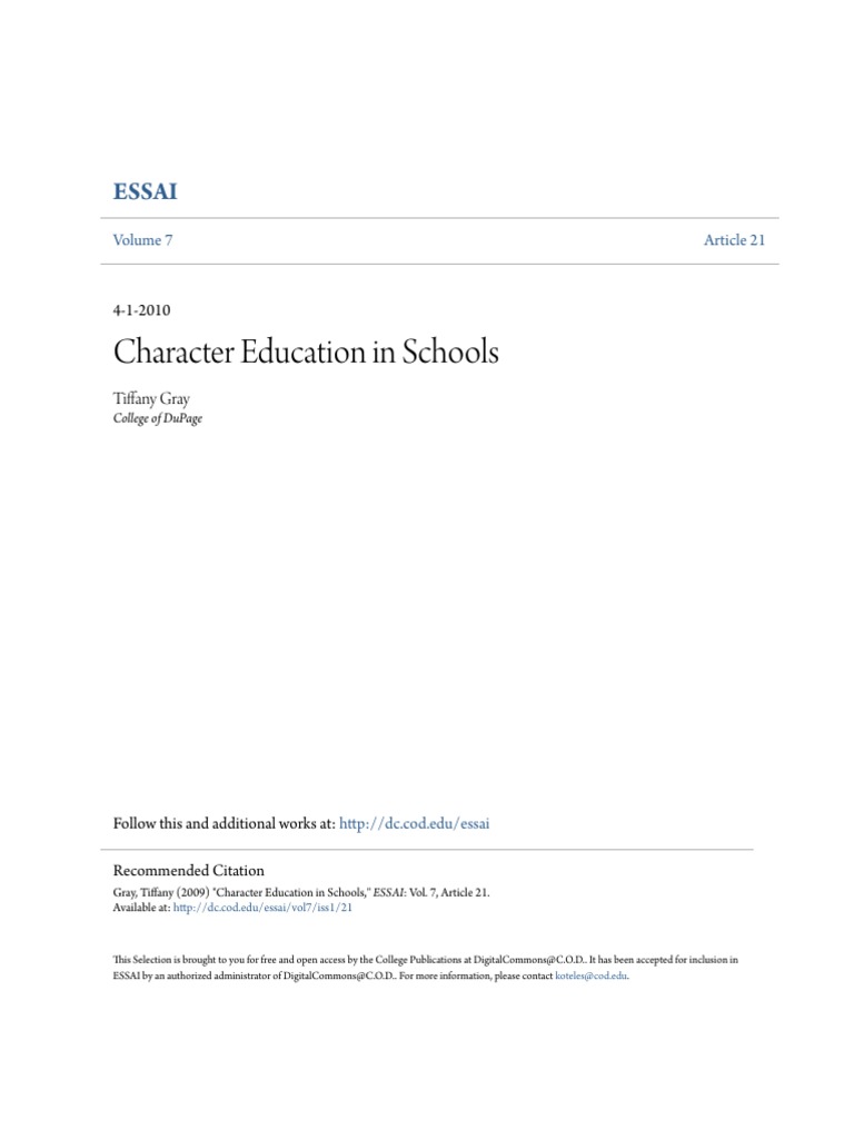 Character Education in Schools | PDF | Teachers | Curriculum