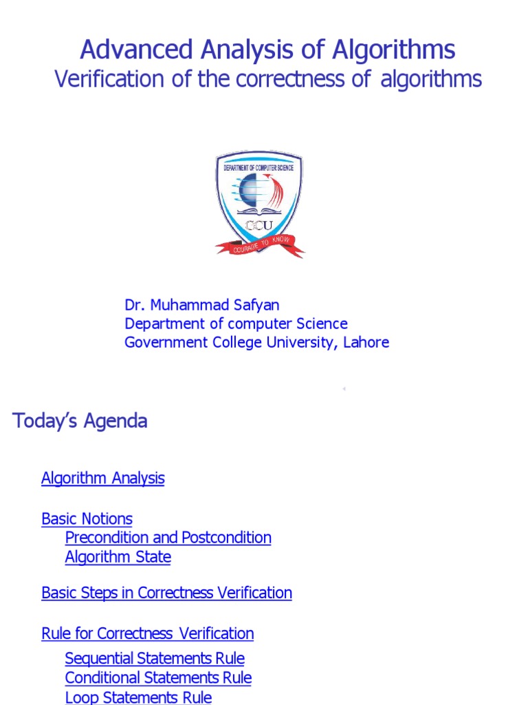 Lecture 3 Verifying Correctness of Algorithm | PDF | Algorithms | Formal Verification