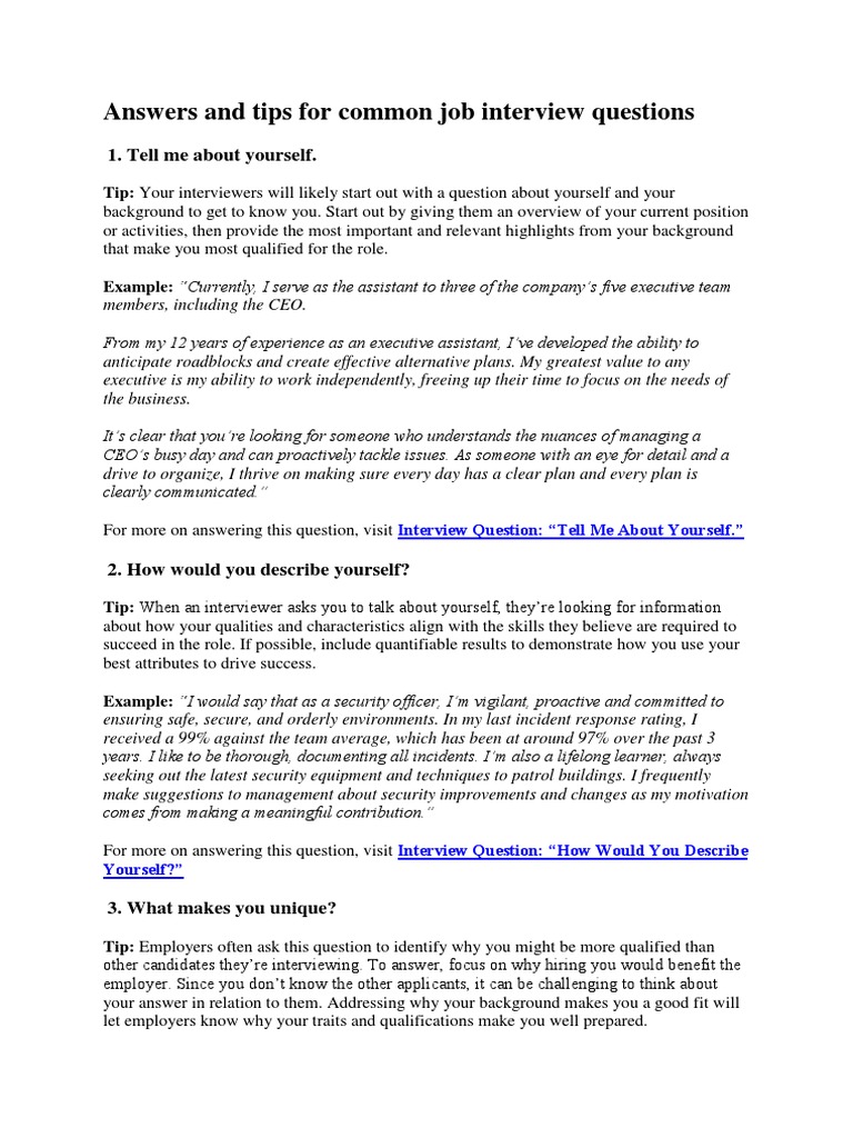 Answers and Tips For Common Job Interview Questions: 1. Tell Me About ...