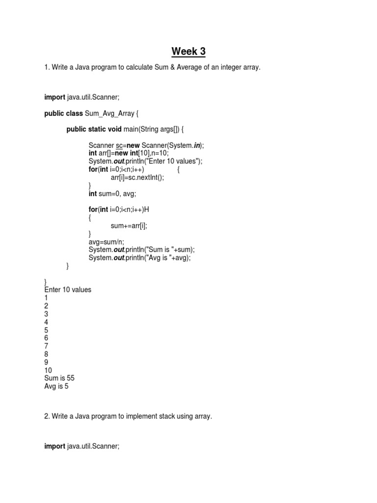 Week 3: Import Java - Util.scanner Public Class Sum - Avg - Array ...
