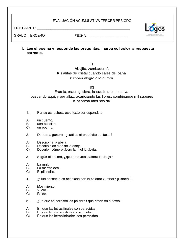 Poema y Actividades para Tercer Grado | PDF | Alimentos