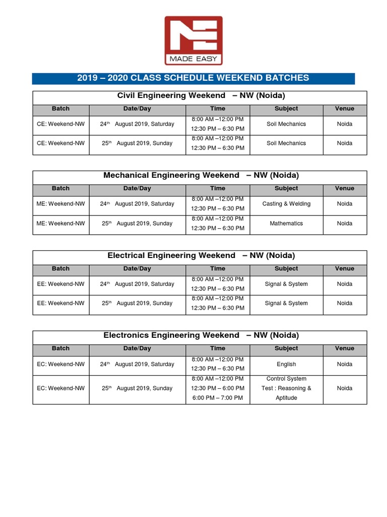2019 - 2020 Class Schedule Weekend Batches: Civil Engineering Weekend ...
