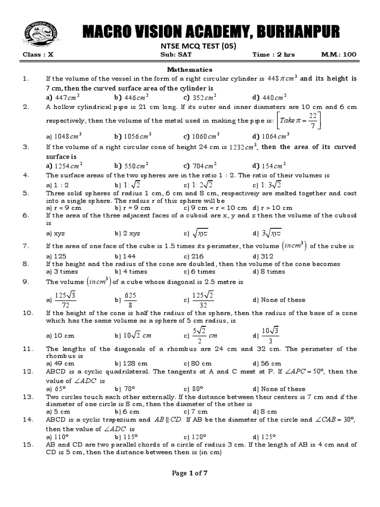 Ntse Sat Test No. 05 (01.10.2019) | PDF | Circle | Methyl Group Ntse Sat Test No. 05 (01.10.2019) | PDF | Circle | Methyl Group