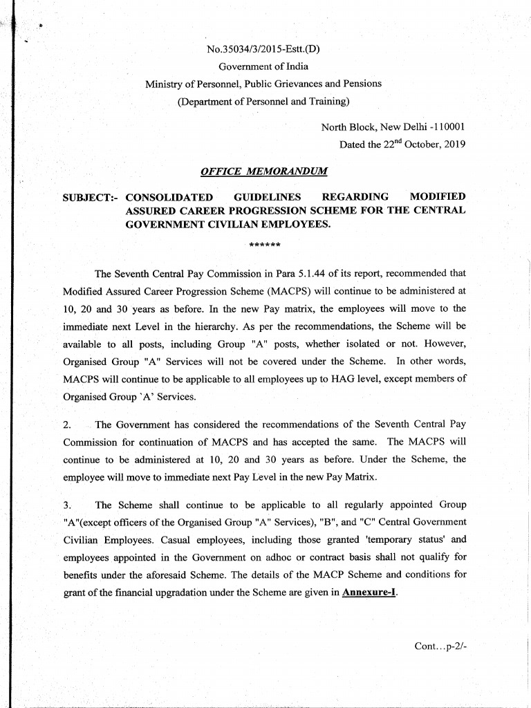 MACP Consolidated Guidelines by DoPT Dated 22-10-2019 | PDF | Politics Of India | Government Of ...