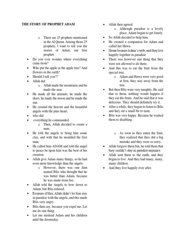The Story of Prophet Adam Story Telling | PDF | Adam | Mythology