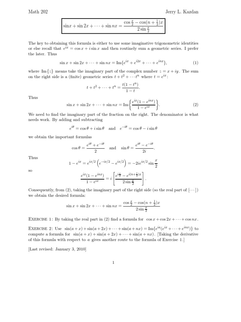 Math 202 Jerry L. Kazdan Sinx + Sin 2x + + Sin NX Cos Cos (N +) X 2 Sin | PDF | Trigonometric ...