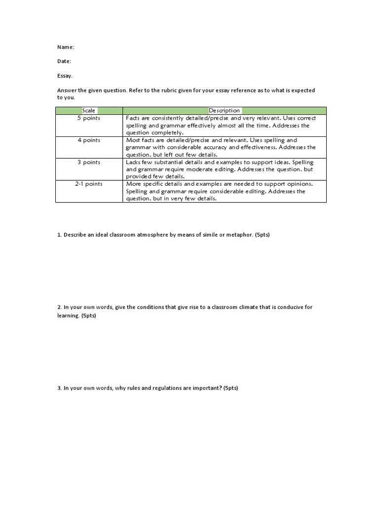 Questionnaire For Classroom Environment | PDF