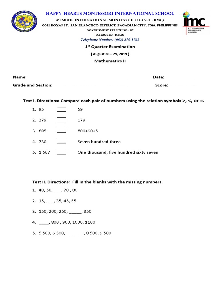 1st Quarter Exam (Math 2) | PDF | Schools | Test (Assessment)