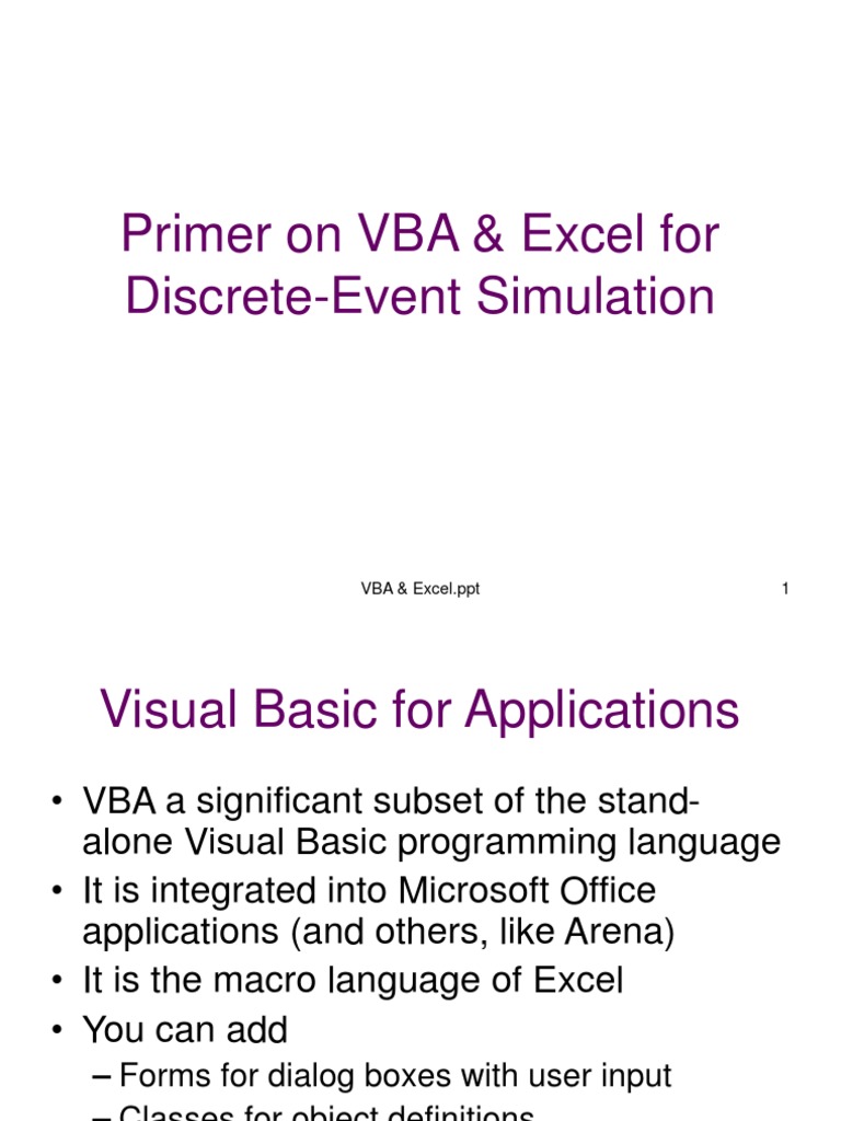 Primer On Vba And Excel For Discrete Event Simulation Pdf Visual Basic For Applications