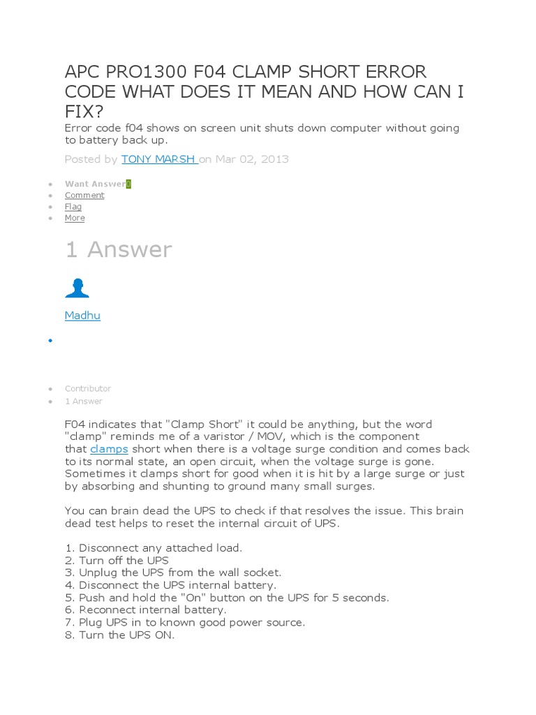 Apc Pro1300 f04 Clamp Short Error Code What Does It Mean and How Can I ...