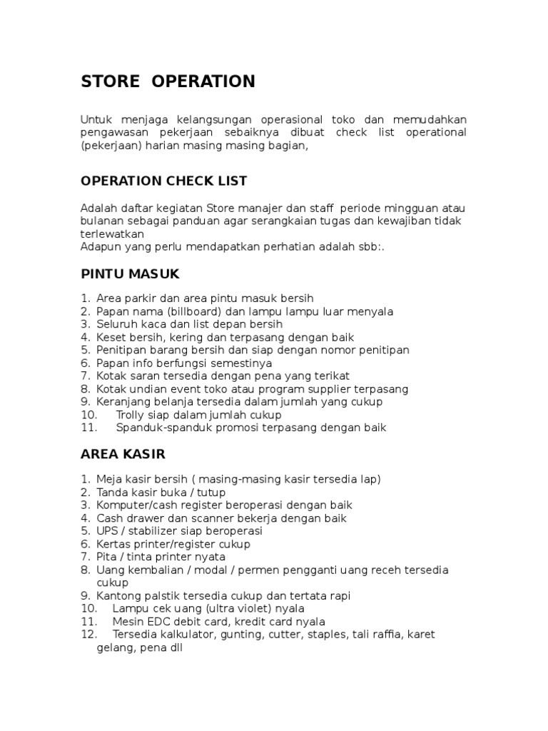 Convenience Store Operation Check List | PDF