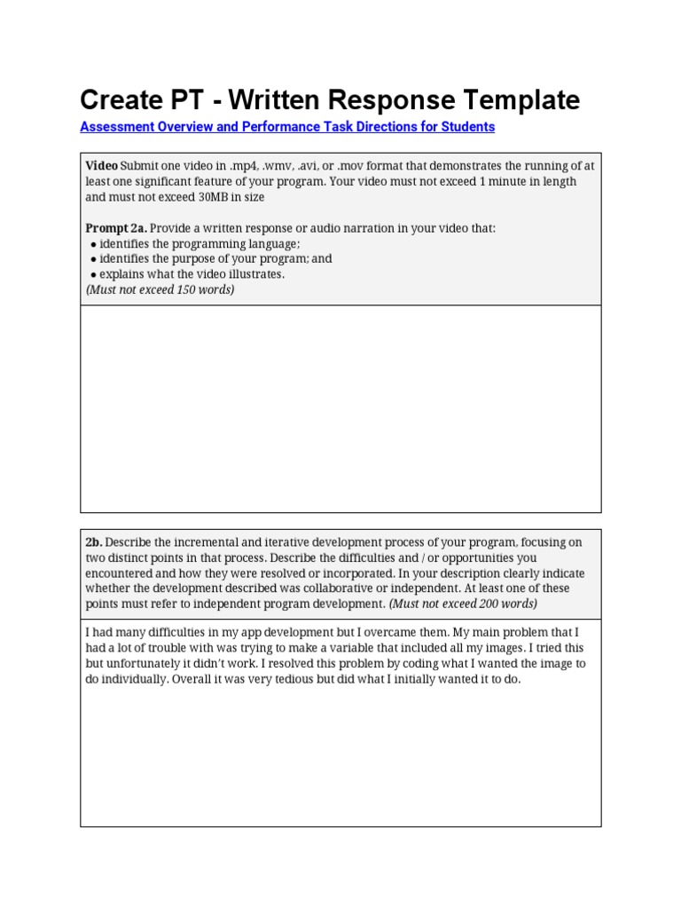 Create PT - Written Response Template: Assessment Overview and ...