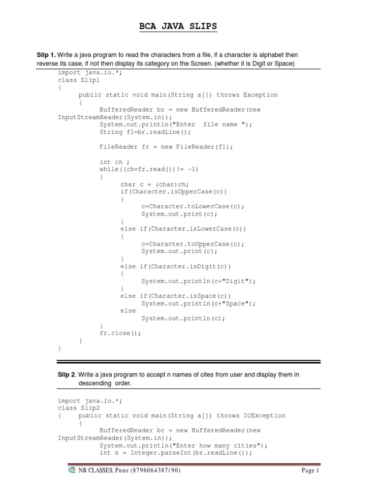 Java Bca Slips | PDF | Method (Computer Programming) | Constructor (Object Oriented Programming)