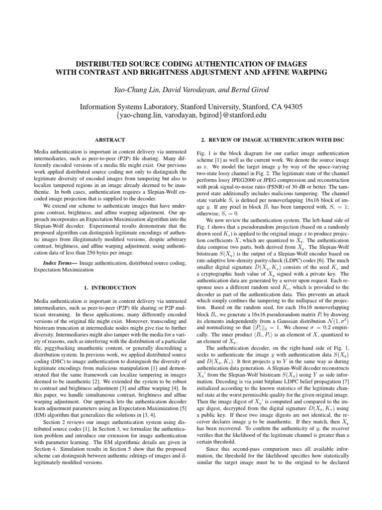 Distributed Source Coding Authentication Of Images With Contrast And Brightness Adjustment And