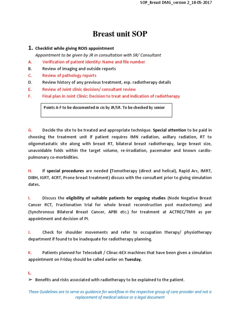 Breast Unit SOP: Checklist While Giving ROIS Appointment | Download ...