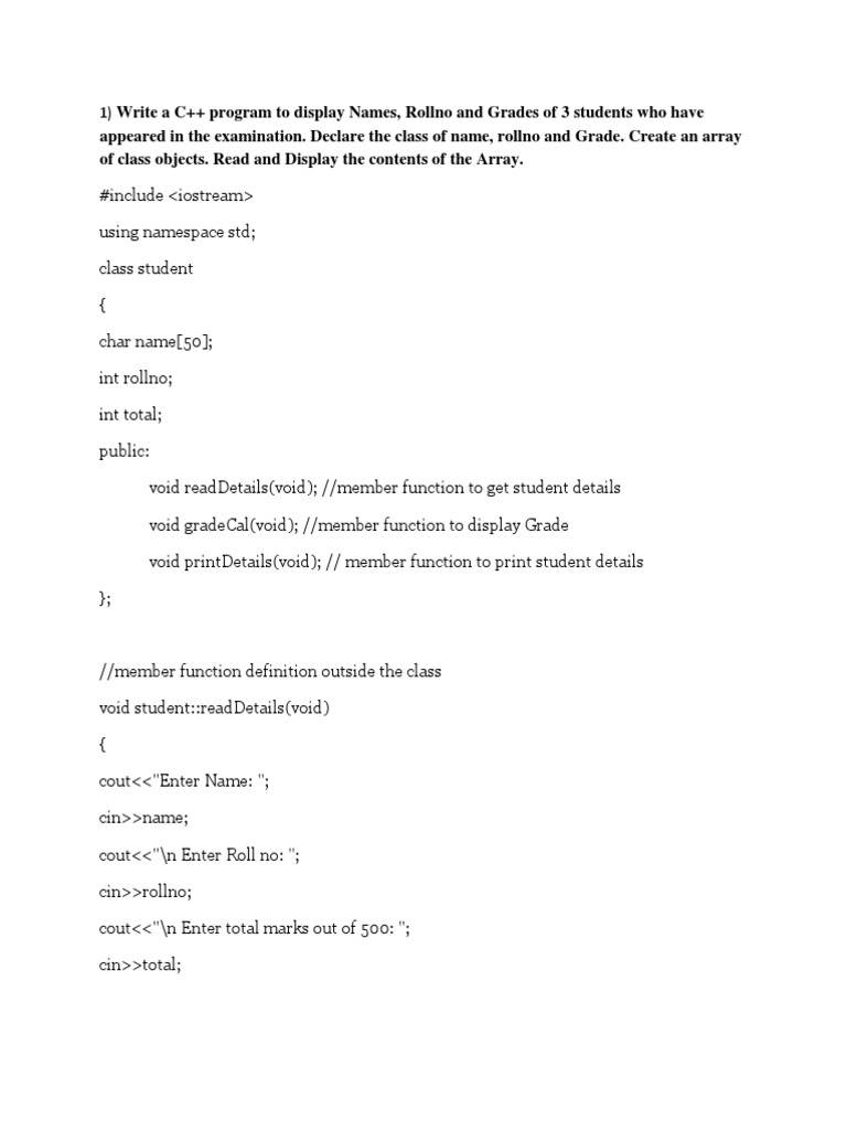 C++ Program to Display Student Names, Roll Numbers & Grades | PDF