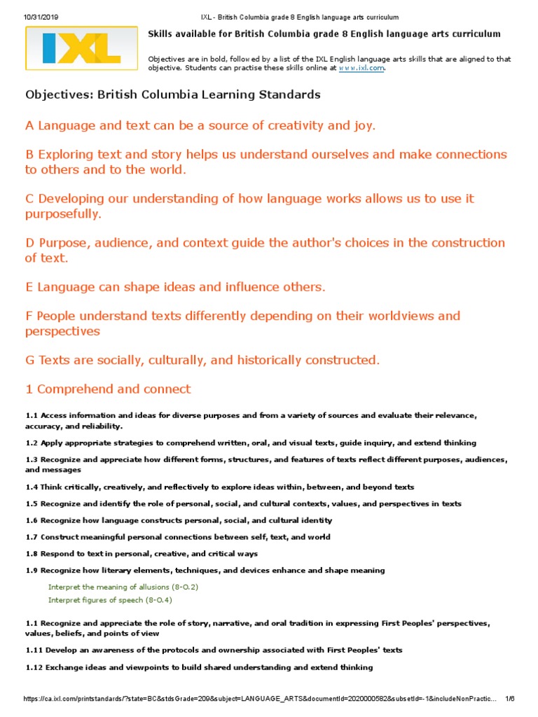 IXL - British Columbia Grade 8 English Language Arts Curriculum | PDF ...