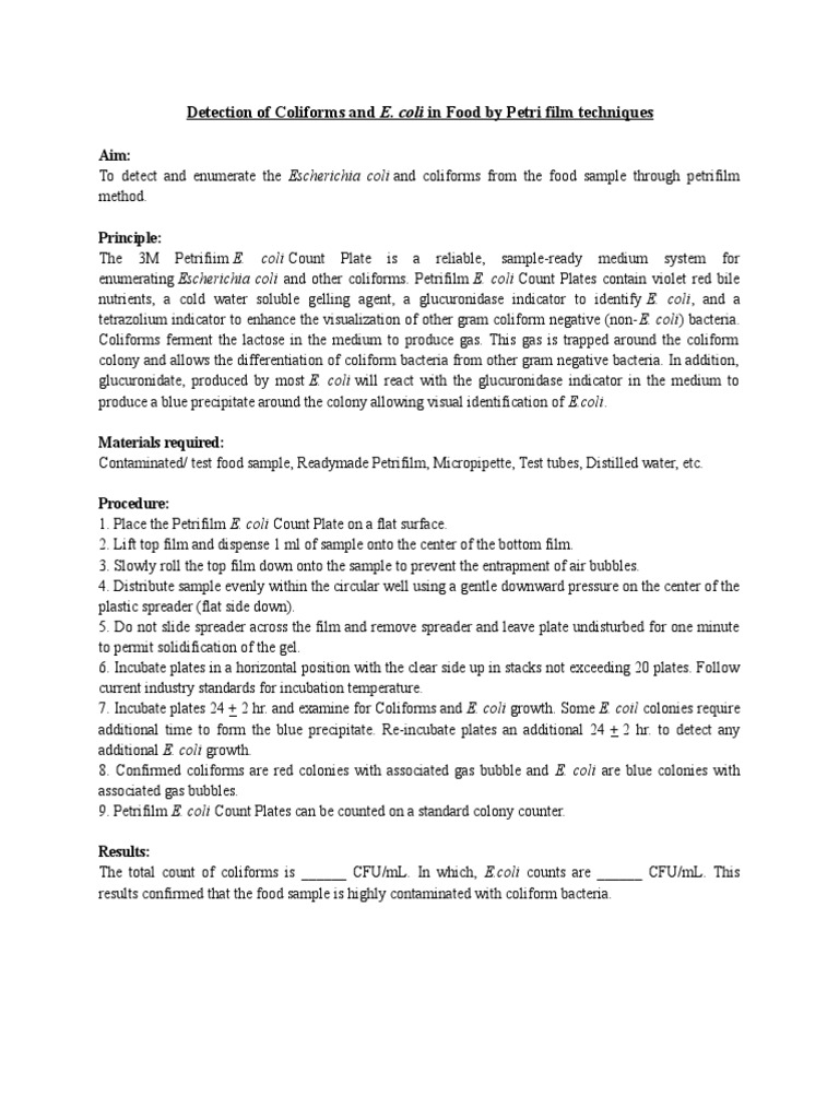 Detection of Coliforms and E. Coli in Food by Petri Film Techniques ...
