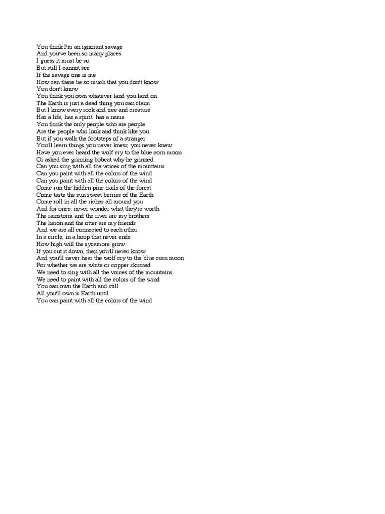 Colors of the Wind Lyrics Analysis | PDF | Poetry