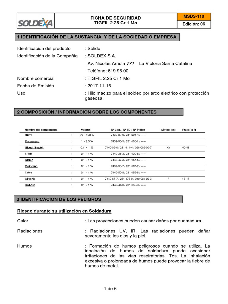 Msds 110 Tigfil 2 25 CR 1 Mo Ed 06 | PDF | Solubilidad | Carbón