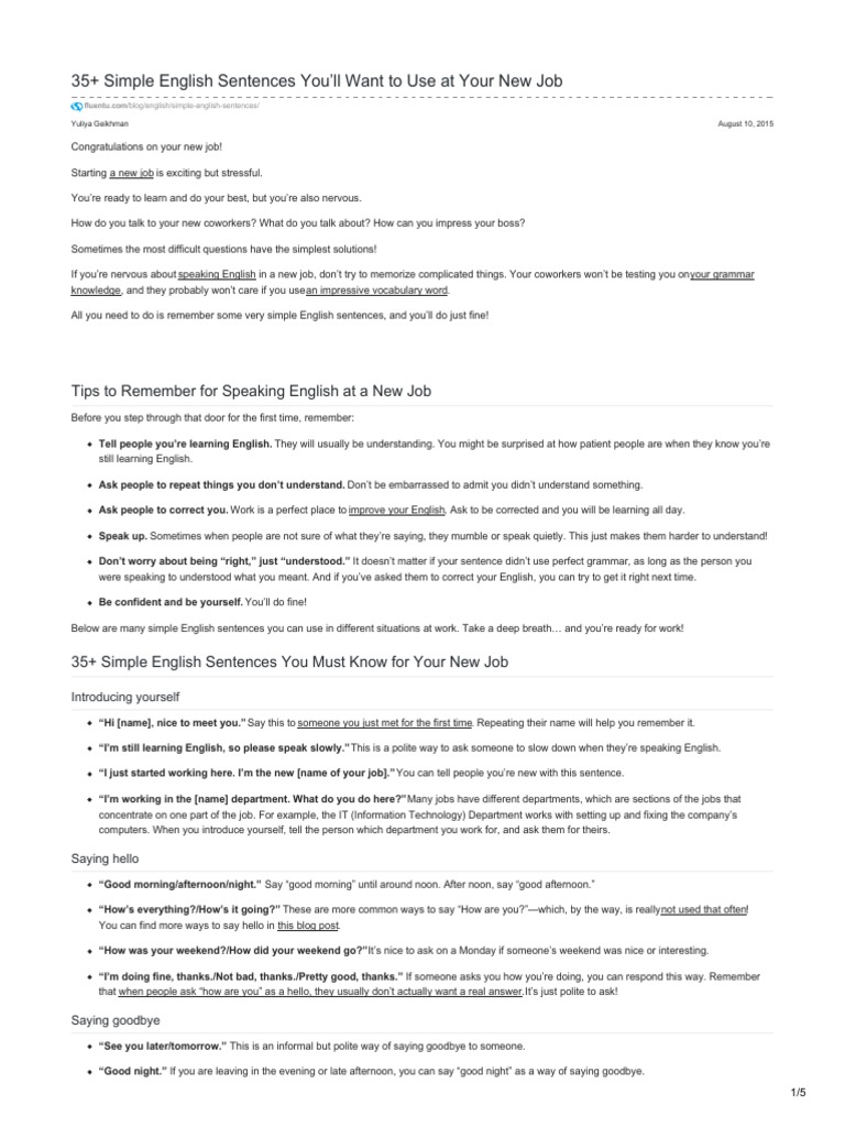 35+ Simple English Sentences You'll Want To Use at Your New Job | PDF ...