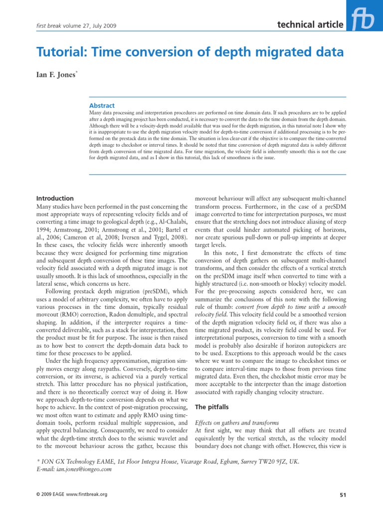 Tutorial: Time Conversion of Depth Migrated Data: Ian F. Jones | PDF ...