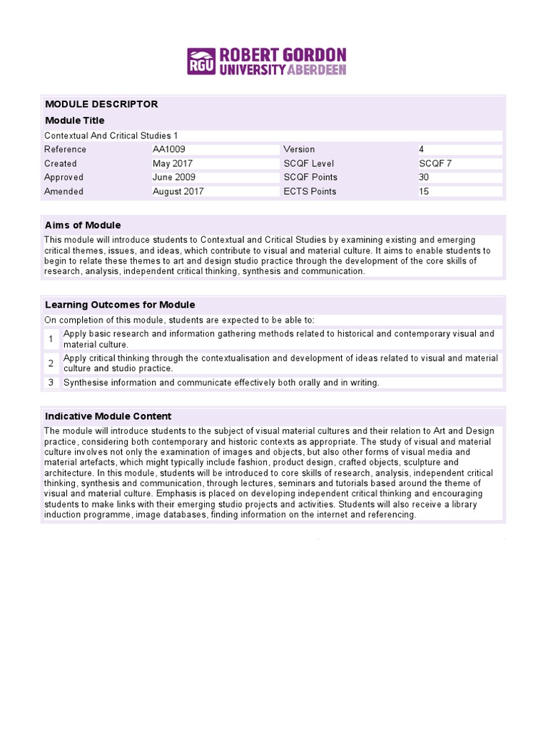 Module Descriptor Module Title | PDF | Critical Thinking | Material Culture
