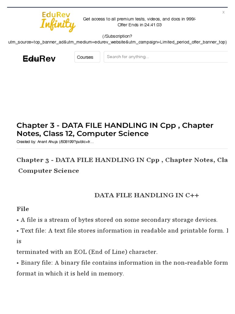 Chapter 3 - DATA FILE HANDLING IN CPP, Chapter Notes, Class 12 ...