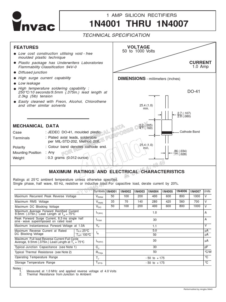 1N4001 THRU 1N4007: Voltage Features | PDF | Rectifier | Capacitor