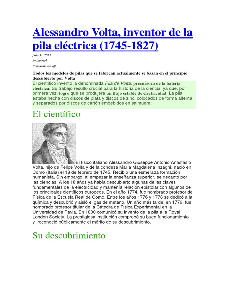 Alessandro Volta | PDF | Electromagnetismo | Electricidad