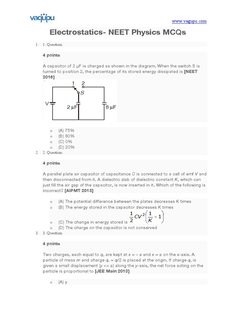 Electrostatics NEET Physics MCQs | PDF