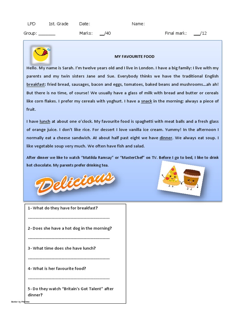 My Favourite Food Reading Comprehension Exercises 107510 | PDF