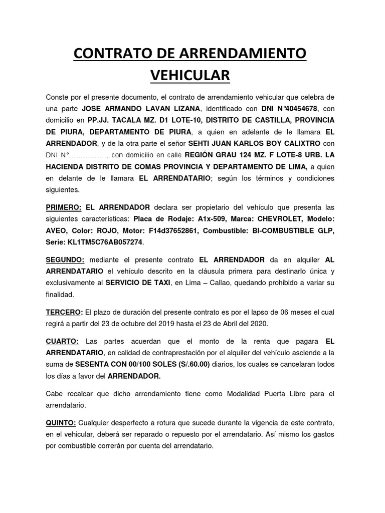 Contrato De Alquiler Vehicular Simple