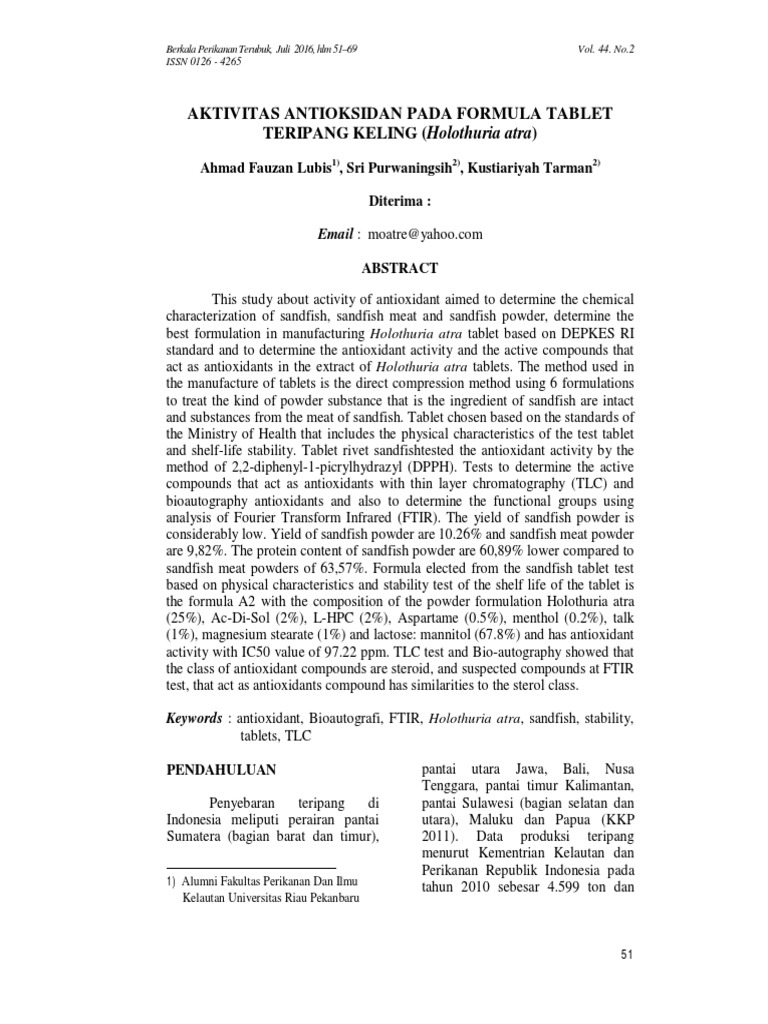 Aktivitas Antioksidan Pada Formula Tablet TERIPANG KELING (Holothuria ...