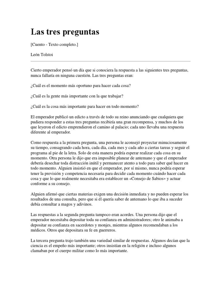 Las Tres Preguntas CUENTO DE LEON TOLSTOI | PDF | Ermitaño